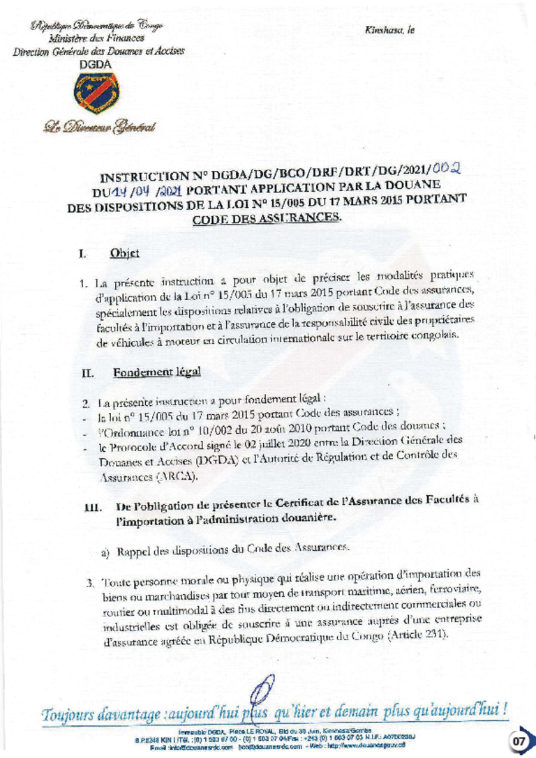 Point DOUANE / ASSURANCE : Instruction de la DGDA portant sur la mise en application des ...