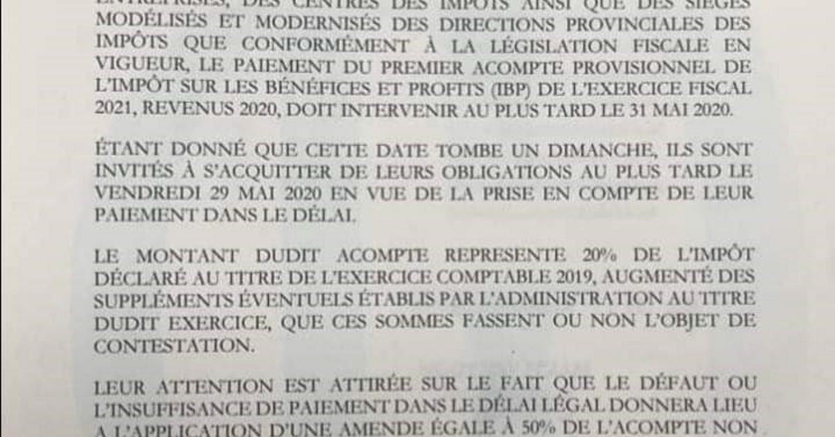 Communiqué de la DGI : ACOMPTE PROVISIONNEL IBP 2020 - 14-05-20 | CCI FRANCE CONGO