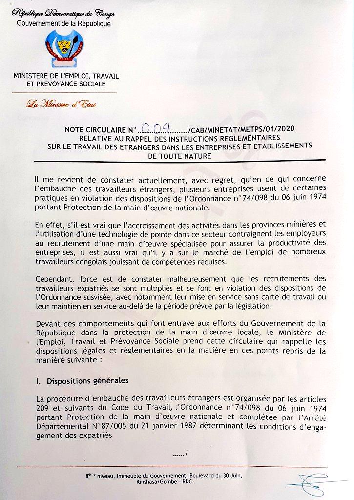 Note circulaire du Ministère de l’emploi, travail et prévoyance sociale ...